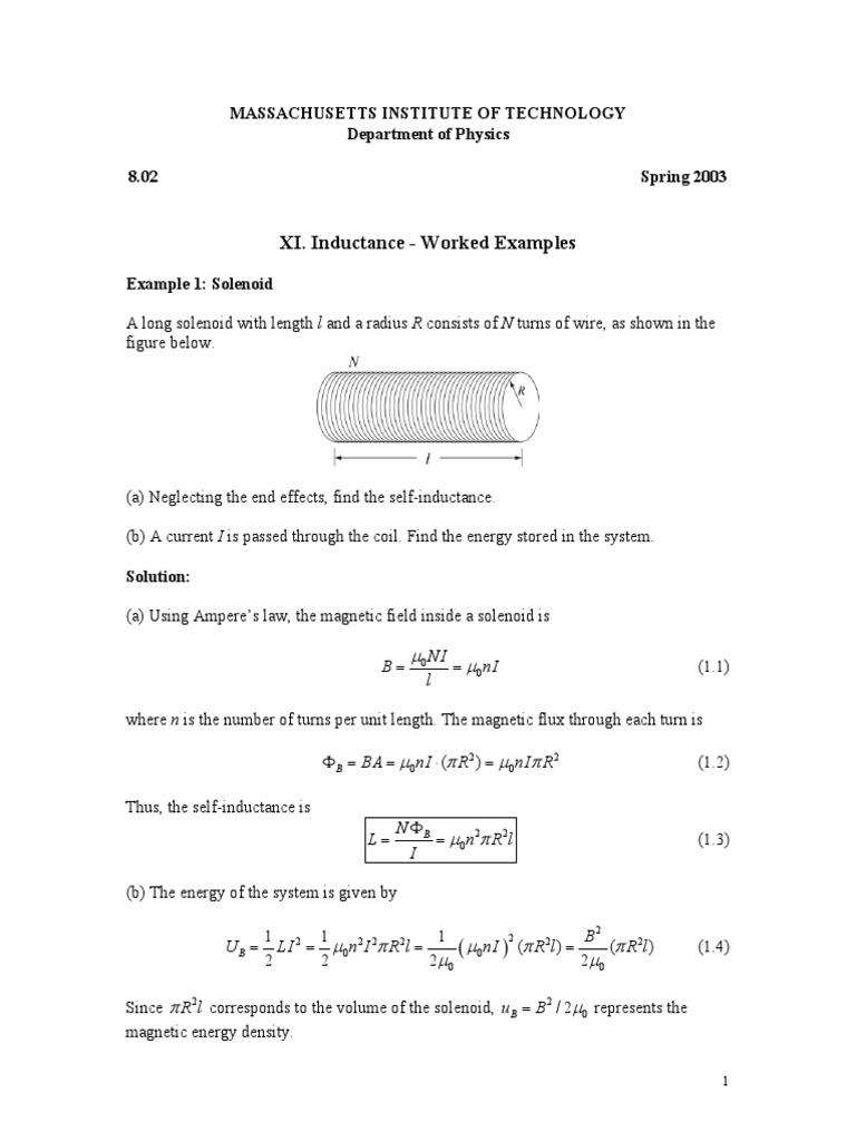 XI. Inductance - Worked Examples: Massachusetts Institute of Technology Department of Physics 8. ...