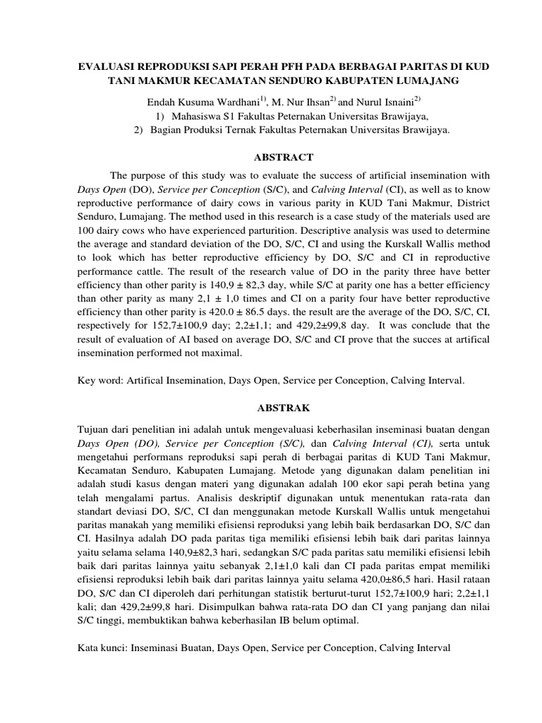 Evaluasi Reproduksi Sapi Perah PFH Pada Berbagai Paritas Di Kud Tani ...
