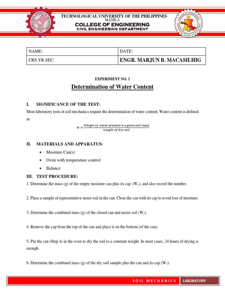 Experiment 1 Determination of Water Content | PDF | Soil Mechanics | Soil