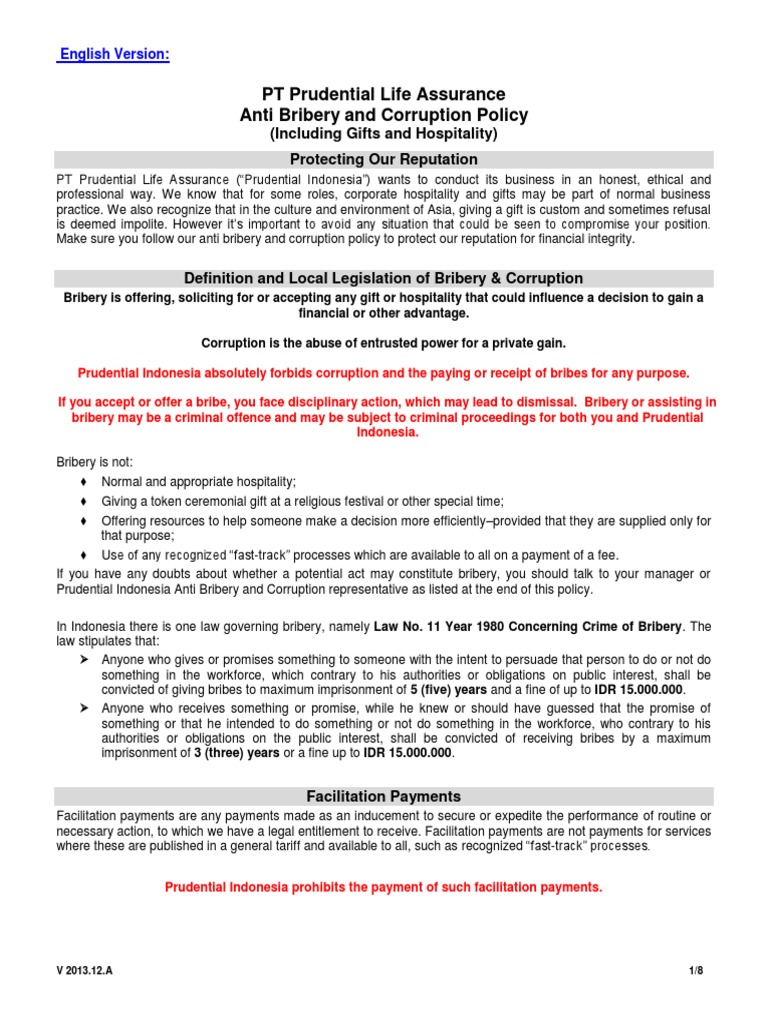 PLA Anti Bribery and Corruption Policy (17 Dec 13) | PDF