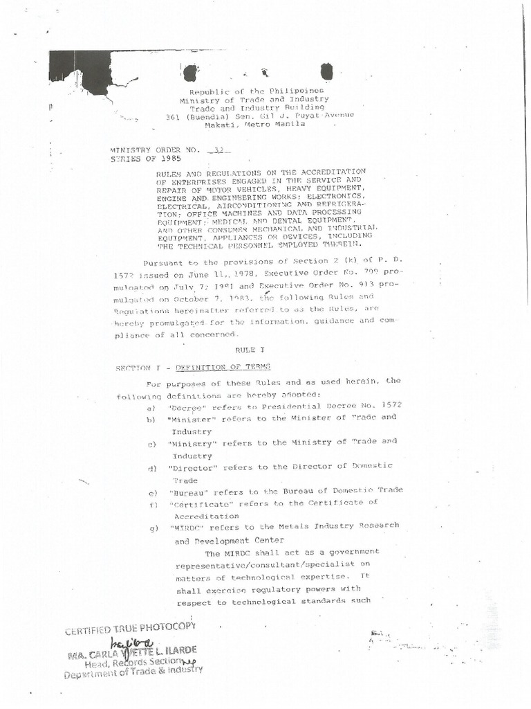 Department of Trade and Industry Ministry Order No. 32, S. 1985 | PDF