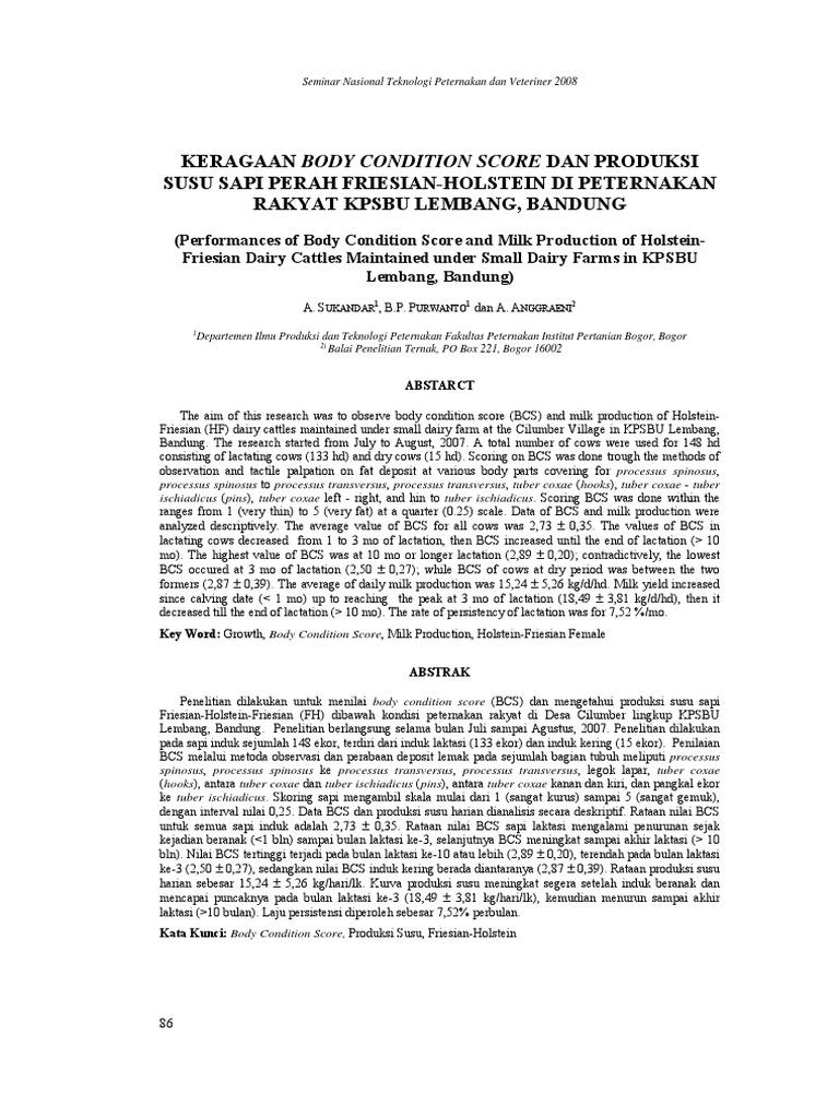 Keragaan Body Condition Score Dan Produksi Susu Sapi Perah Friesian ...