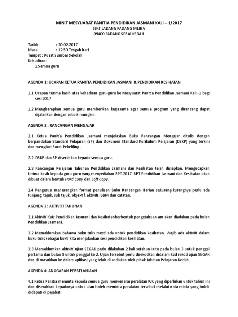 Contoh Minit Mesyuarat Panitia Pjpk