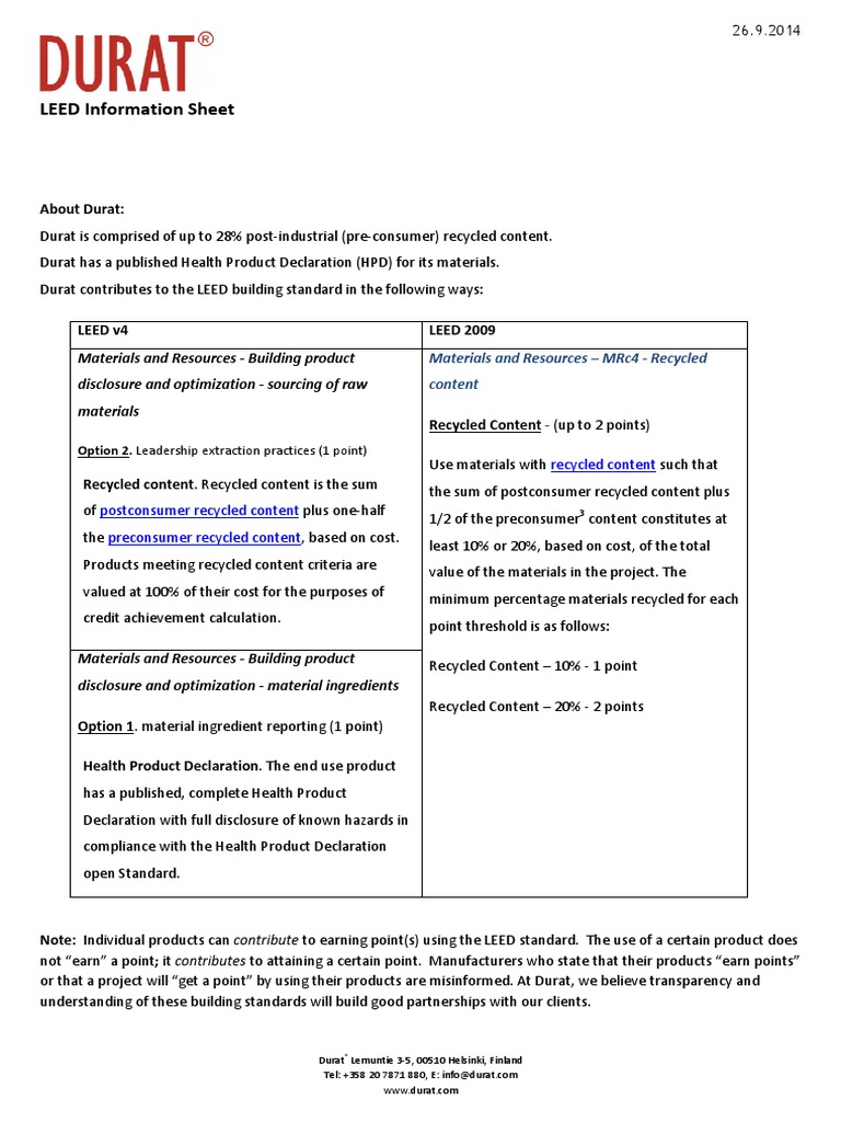 LEED Information Sheet Durat | Leadership In Energy And Environmental ...