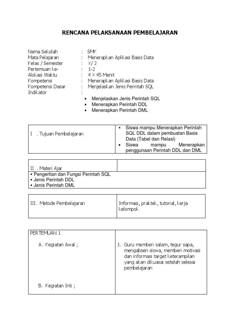RPP Kelas X RPL Menerapkan Aplikasi Basis Data | PDF