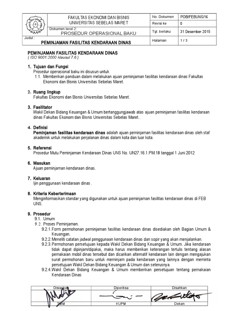 Contoh POB Peminjaman Fasilitas Kendaraan Dinas | PDF