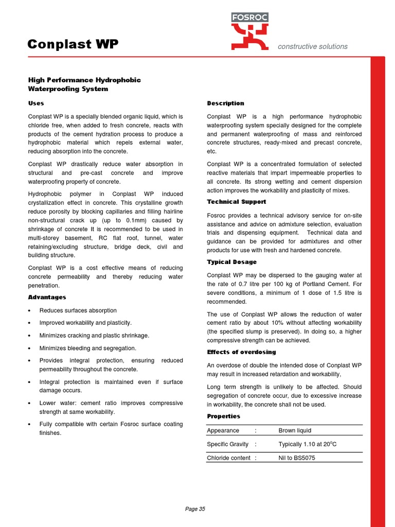 Data Sheet - Fosroc - Conplast WP Admixture | PDF | Concrete | Materials