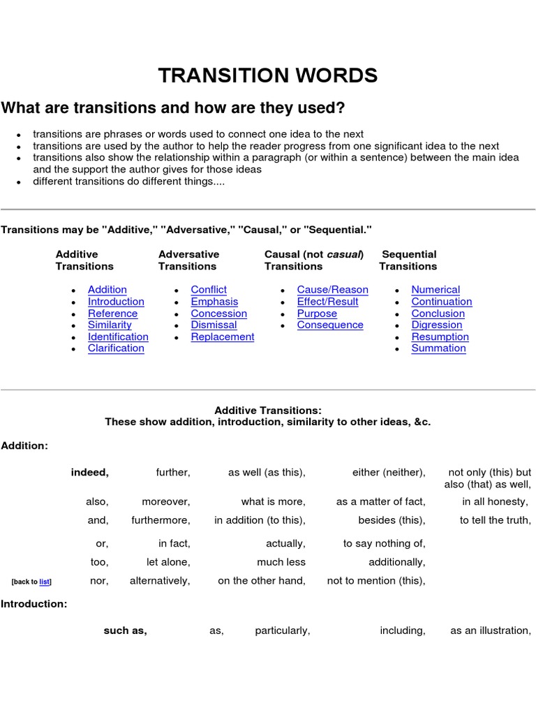 Transition Words: What Are Transitions and How Are They Used? | PDF ...