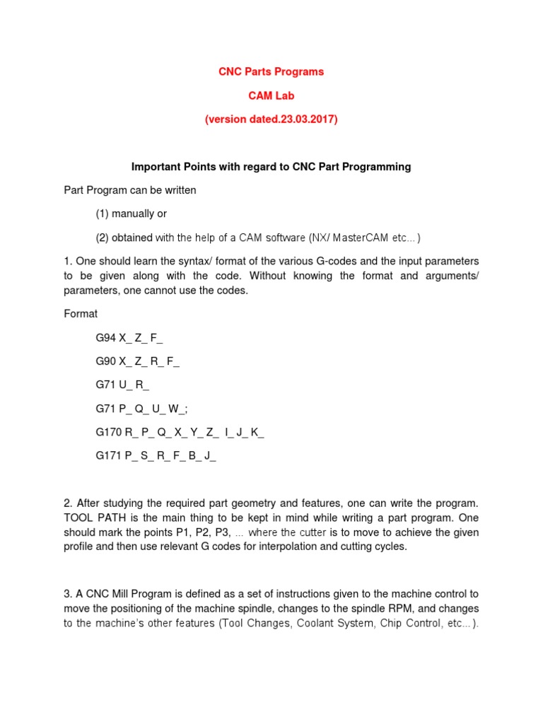 Important Points With Regard To CNC Part Programming: CNC Parts Programs Cam Lab (Version Dated ...