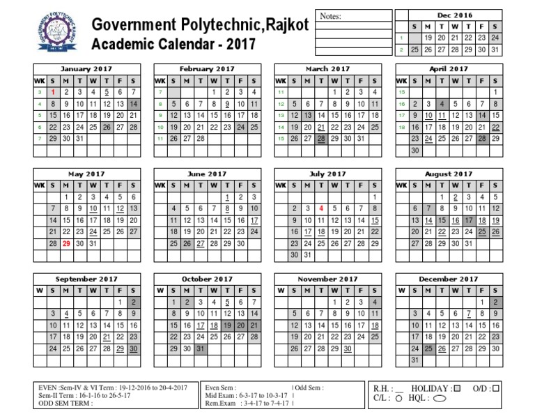 Government Polytechnic, Rajkot: Academic Calendar - 2017 | PDF