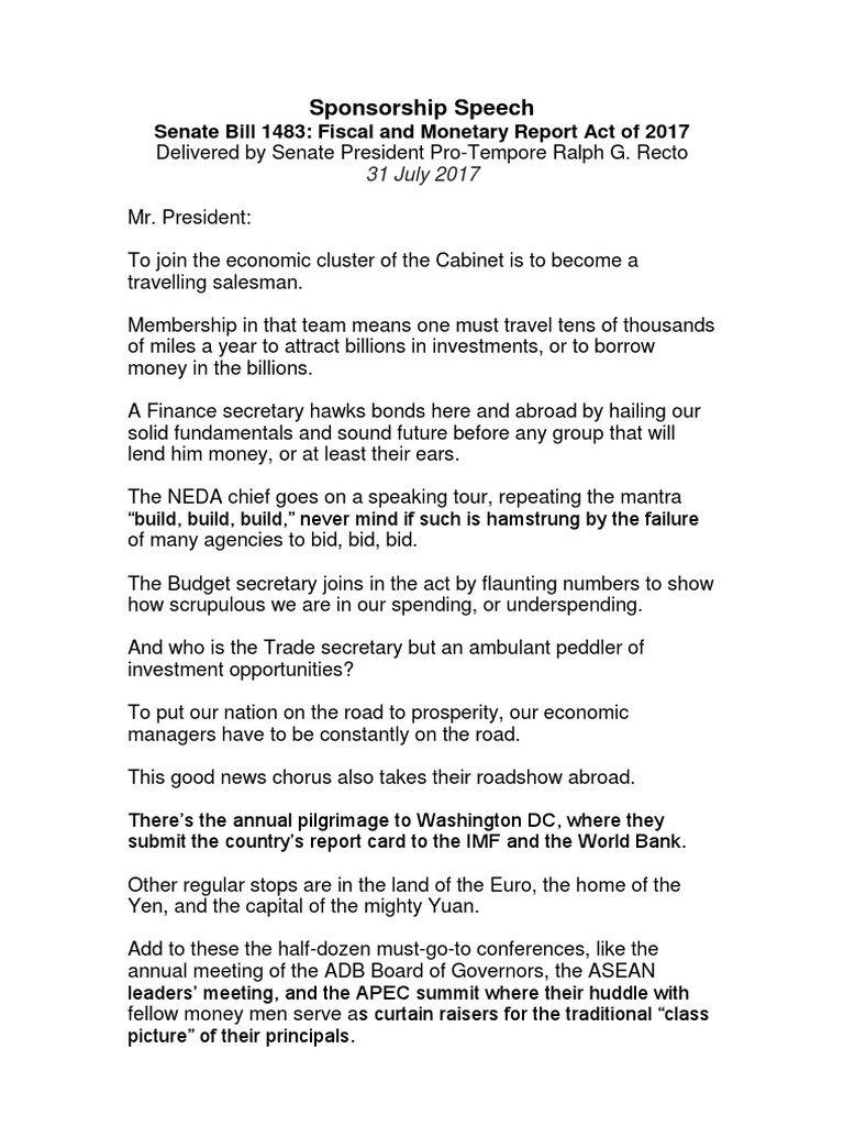 Sponsorship Speech SBN-1483: Fiscal and Monetary Report Act | PDF ...