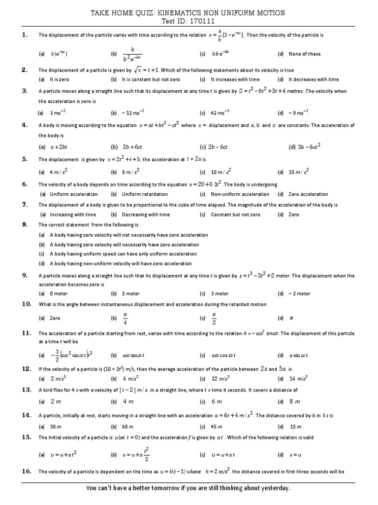 Kinematics Non-Uniform Motion Quiz | PDF | Acceleration | Velocity