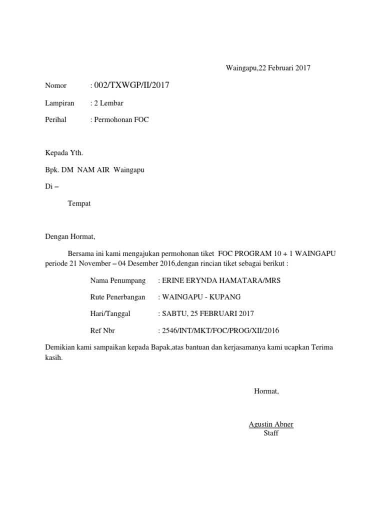 Form Surat Permohonan Foc Nam Air | PDF