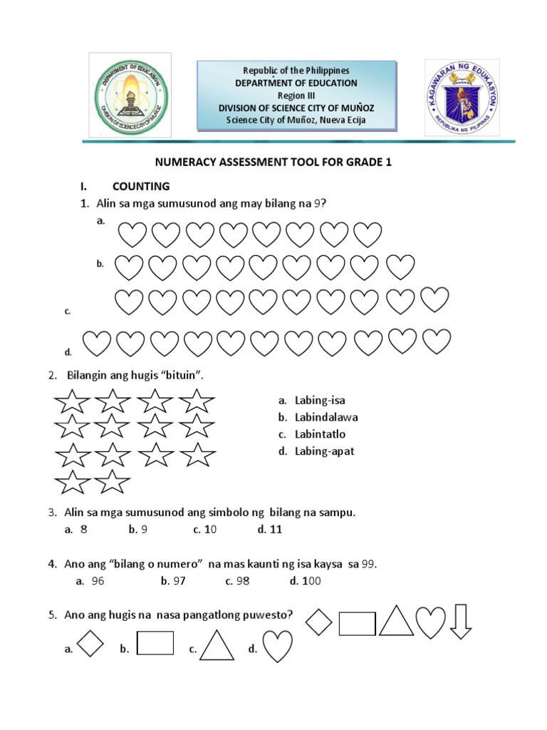 Numeracy Assessment For Grade 1 | PDF
