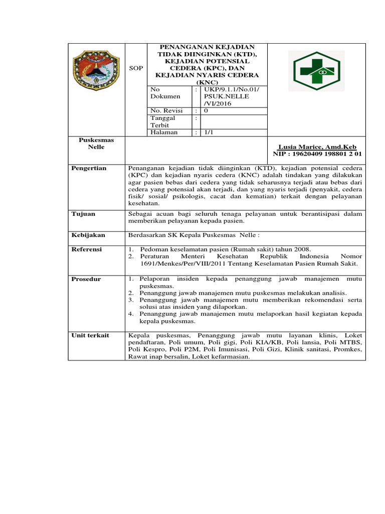 1.sop Penanganan Kejadian Tidak Diinginkan (KTD), Kejadian Potensial Cedera (KPC), Dan Kejadian ...
