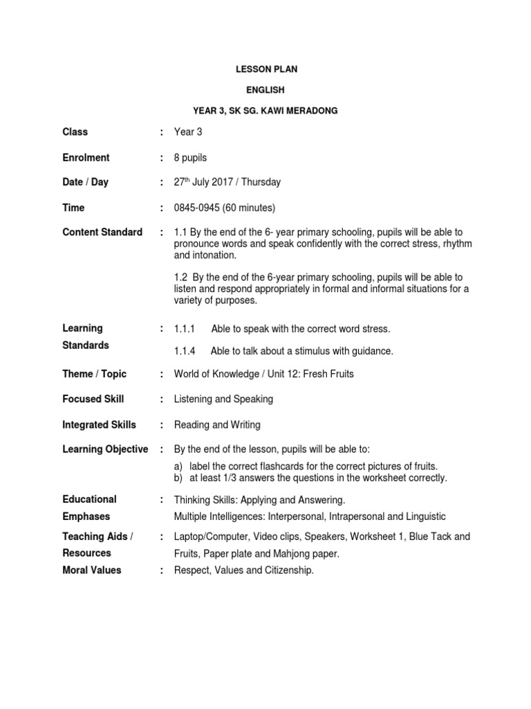 Lesson Plan English Year 3, SK Sg. Kawi Meradong | Download Free PDF ...