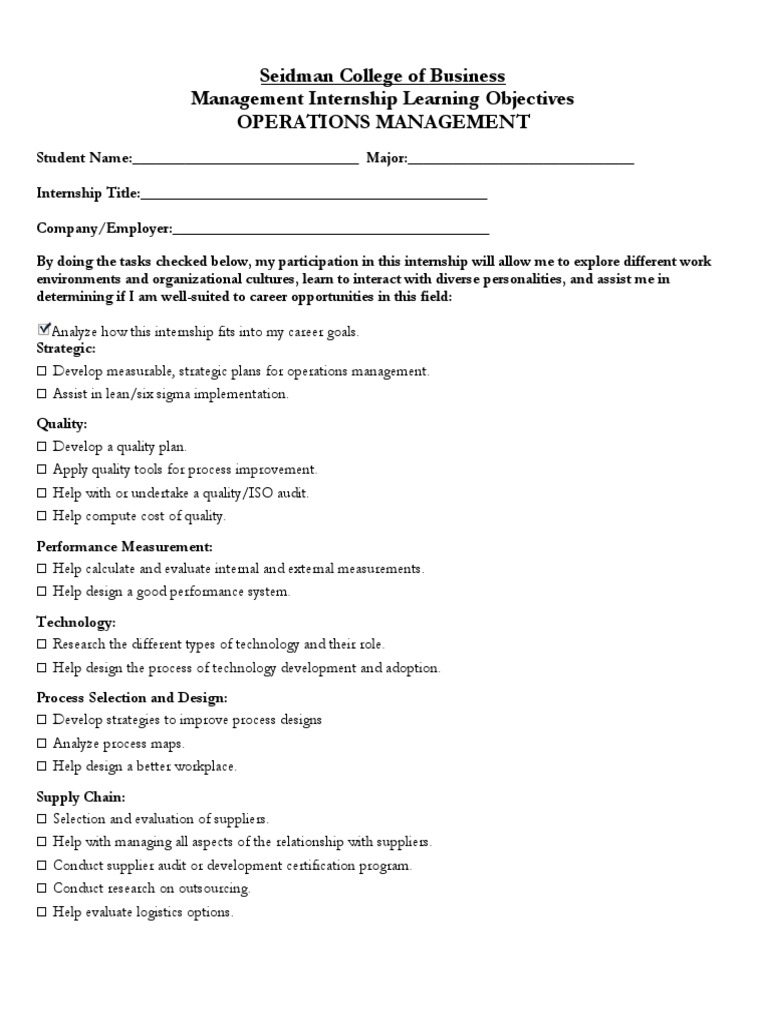 Management Operations Management Internship Learning Objectives | PDF