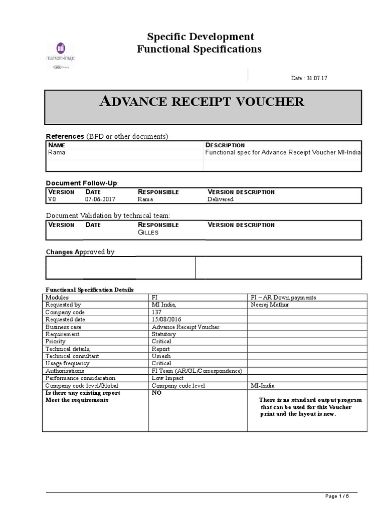 Advance Receipt Voucher Functional Specifications | PDF | Voucher ...