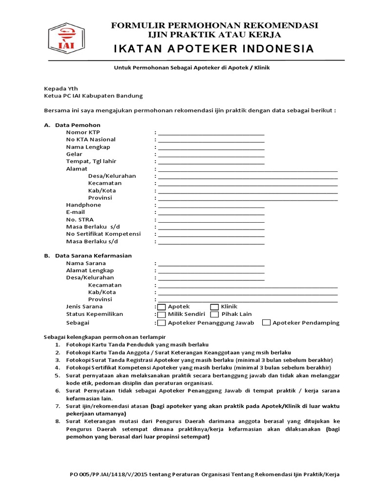 Formulir Permohonan Rekomendasi Ijin Praktik Apotek & Klinik + Daftar Tilik Instrumen (Manual) | PDF