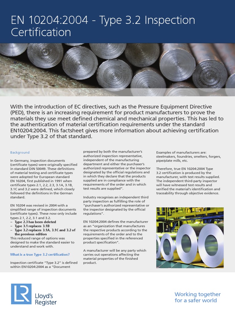 En 10204 2004 - Type 3.2 Inspection Certification by LR | PDF | Specification (Technical ...