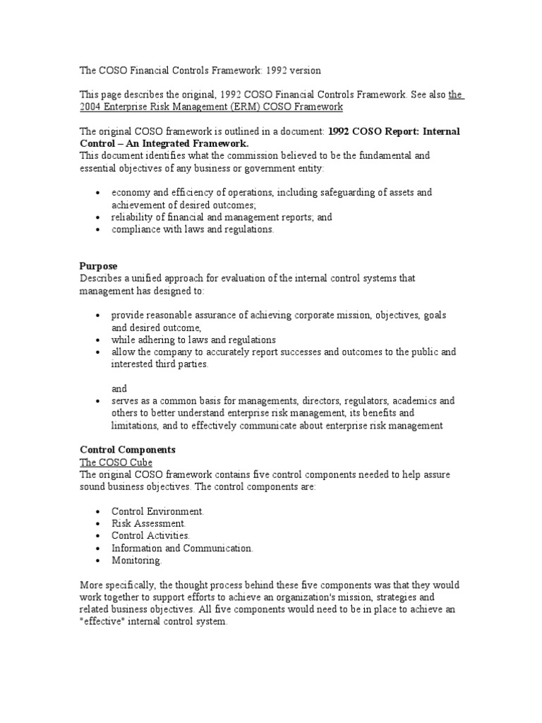 The COSO Financial Controls Framework | PDF | Enterprise Risk ...
