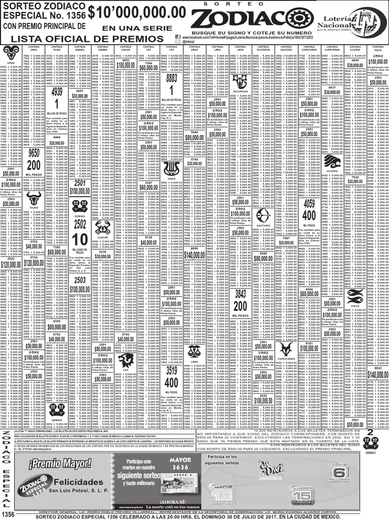 Sorteo Zodiaco Especial 1356 | PDF | Símbolos estrella | Signo Astrológico