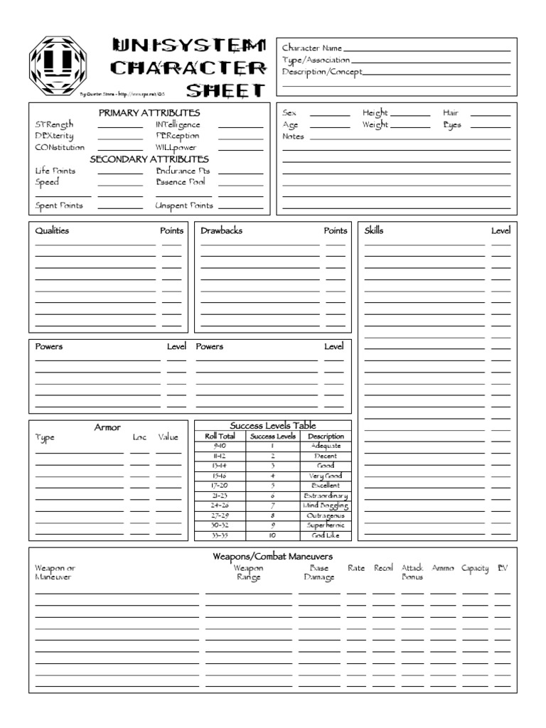 Unisystem Character Sheet: Primary Attributes | Gaming | Role Playing Games