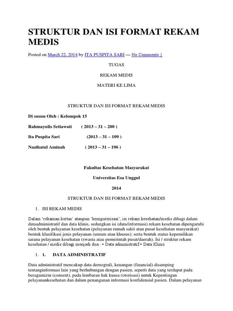 Struktur Dan Isi Format Rekam Medis | PDF