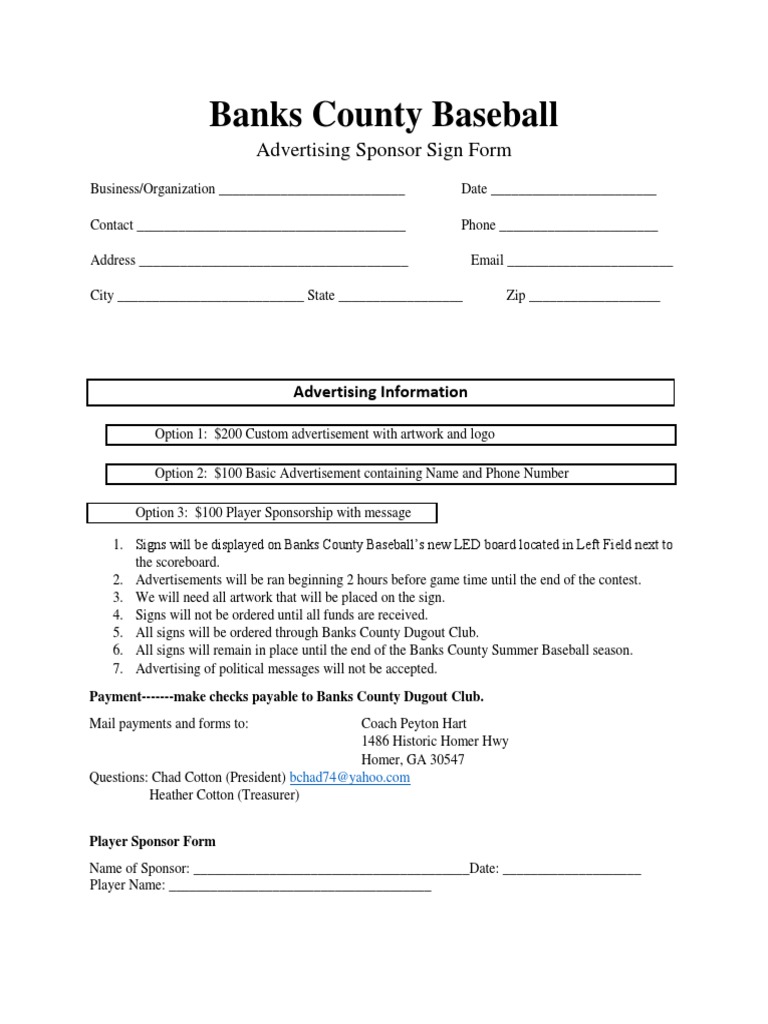 Banks County Baseball: Advertising Sponsor Sign Form | PDF
