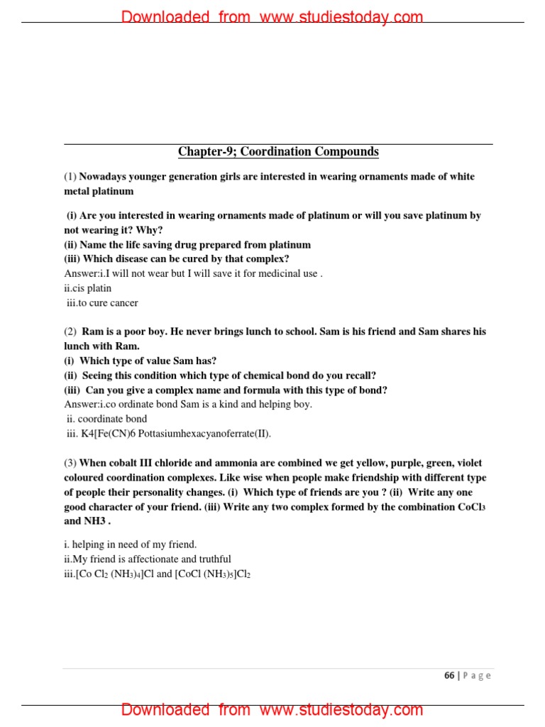 CBSE Class 12 Chemistry - Coordination Compounds VBQs PDF | PDF