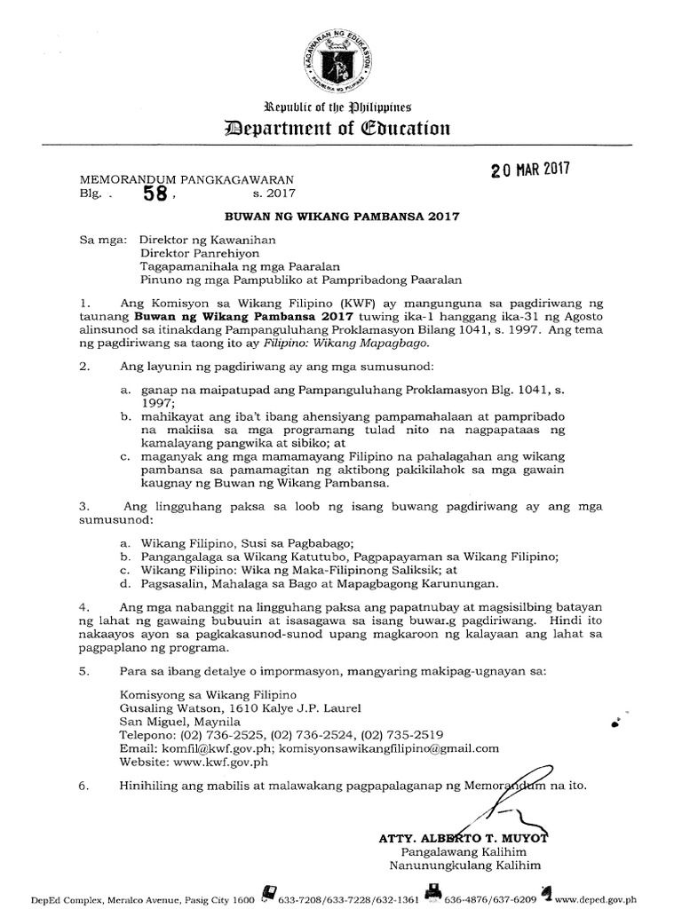 DM - s2017 - 058 DepEd Memo Buwan NG Wika 2017 | PDF