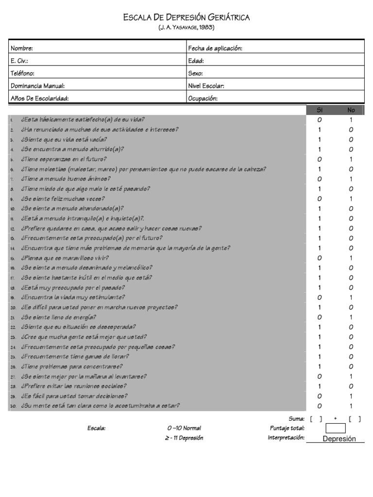 Escala de Depresión Geriátrica de Yasavage | PDF | Depresión (estado de ...