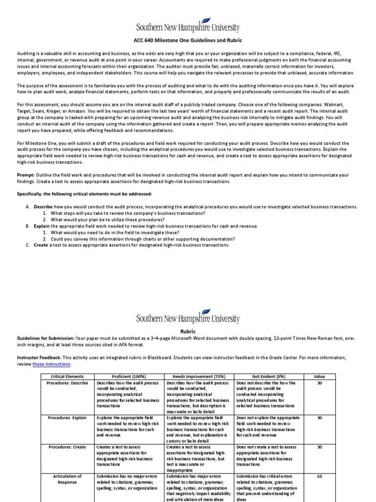 Acc640 Milestone One Guidelines and Rubric PDF | PDF | Internal Audit ...
