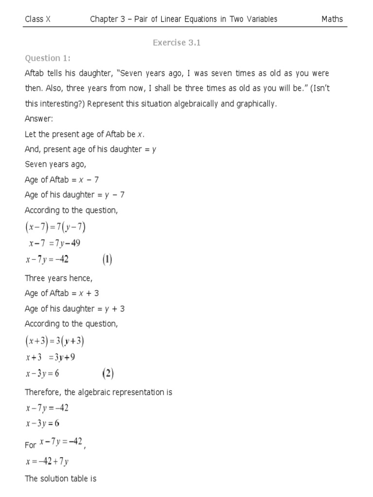 Pair of Linear Equations in Two Variables | PDF | Equations | System Of ...