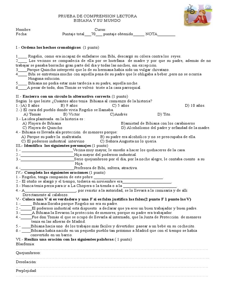 Prueba de Comprensión Lectora: Bibiana | PDF