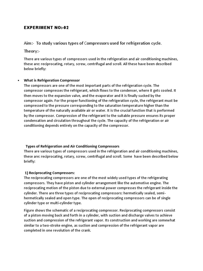 Aim:-To Study Various Types of Compressors Used For Refrigeration Cycle ...