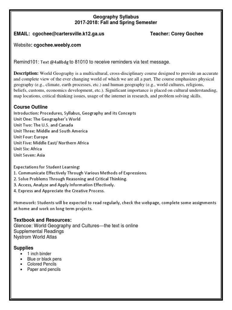 2017-2018 World Geography Syllabus | PDF | Geography | Homework