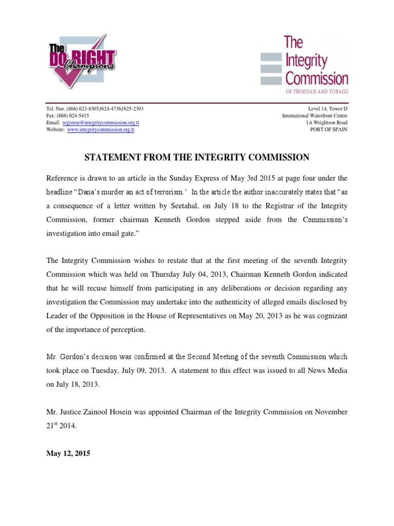 Integrity Commission Statement on Article | PDF