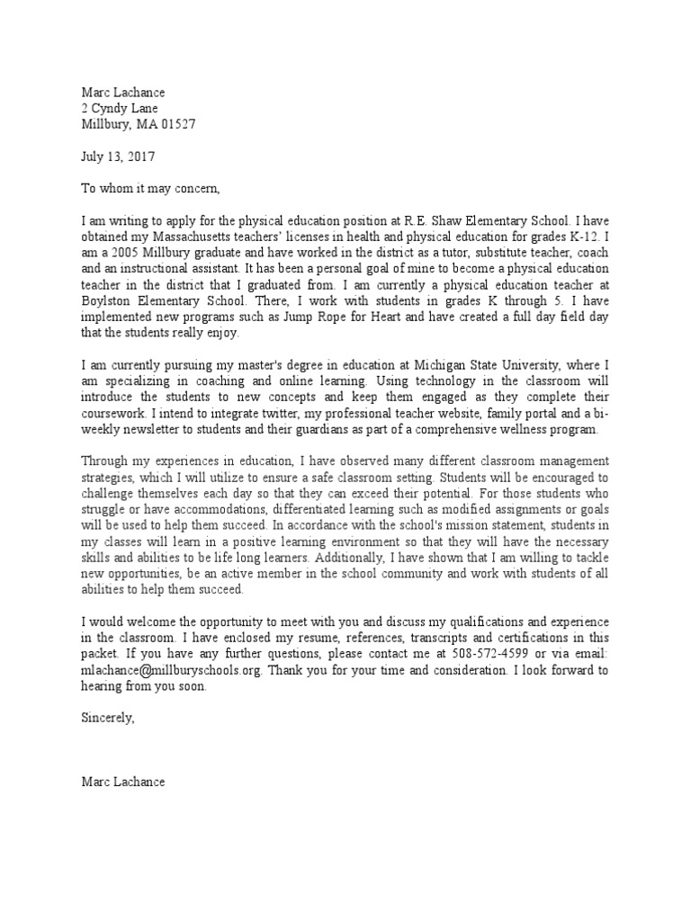 Marc Lachance - Cover Letter | PDF | Physical Education | Teachers