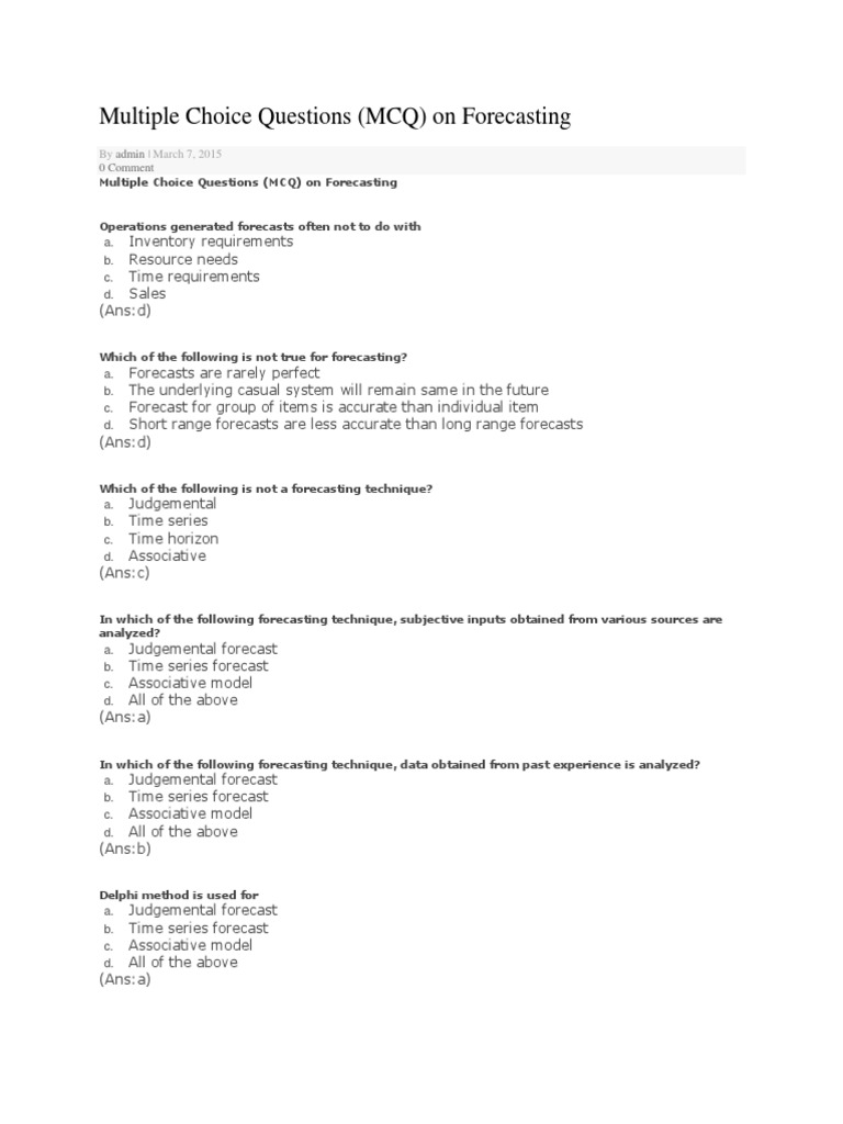 Multiple Choice Questions (MCQ) On Forecasting | PDF | Forecasting ...