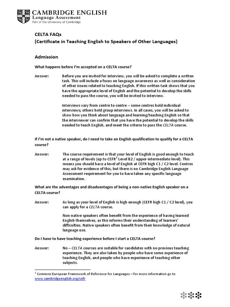 Celta Faqs (Certificate in Teaching English To Speakers of Other ...