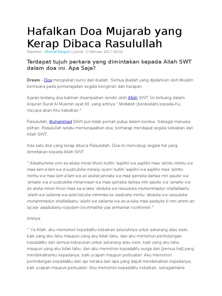 Hafalkan Doa Mujarab Yang Kerap Dibaca Rasulullah | PDF | Agama ...