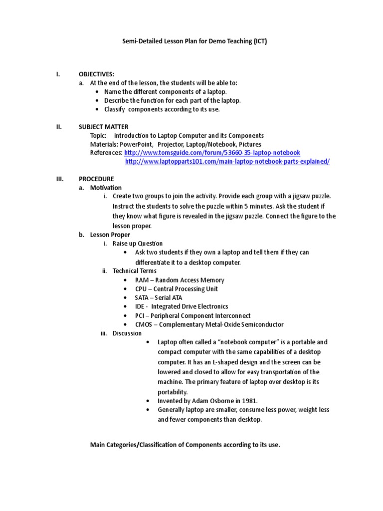Semi Detailed Lesson Plan in Computer | PDF | Laptop | Computer Data ...