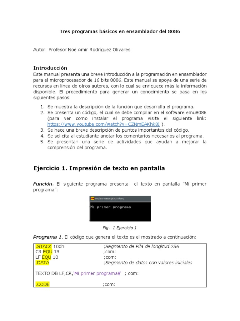 Manual Basico de Programacion en Ensamblador Del 8086 | PDF | Lenguaje ensamblador | Programa de ...