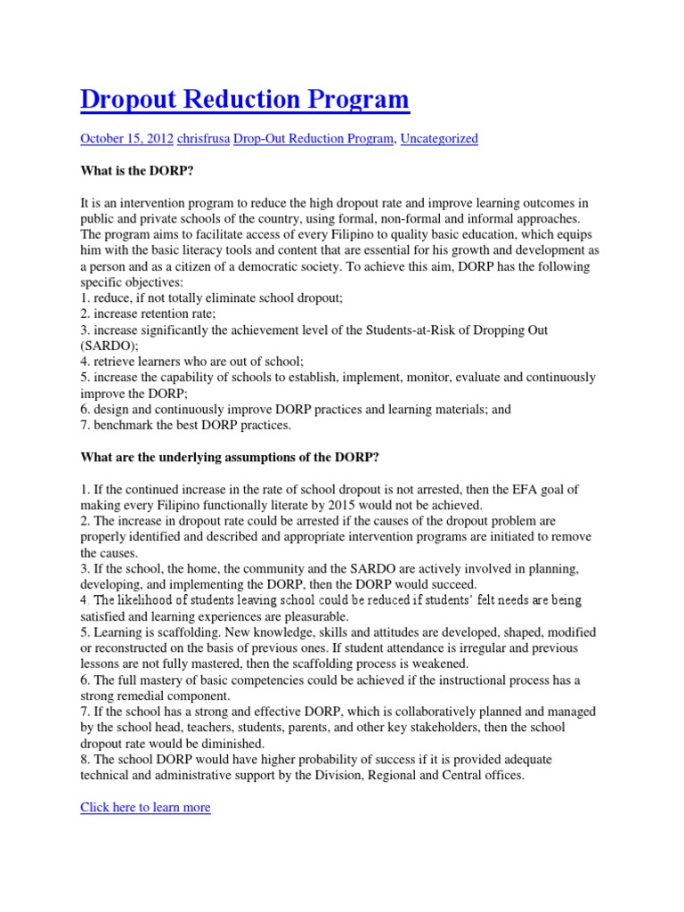 Dropout Reduction Program | PDF | High School Dropouts | Literacy