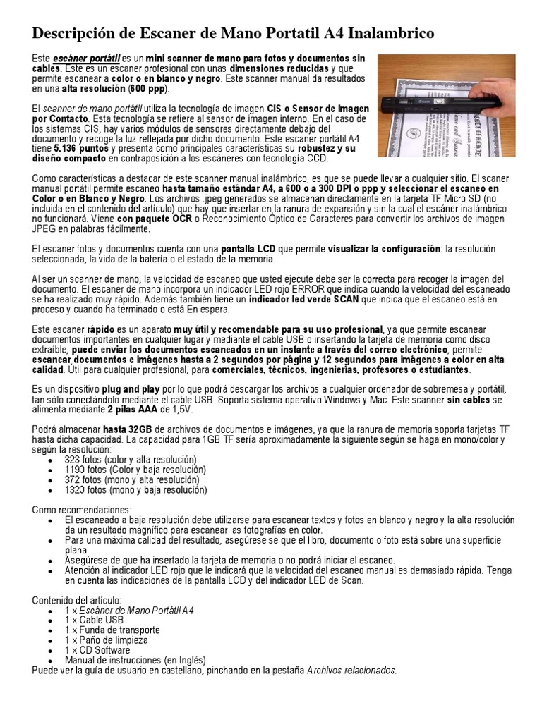 Escáner de Mano Portátil A4 Inalámbrico | PDF | Electrónica | Informática