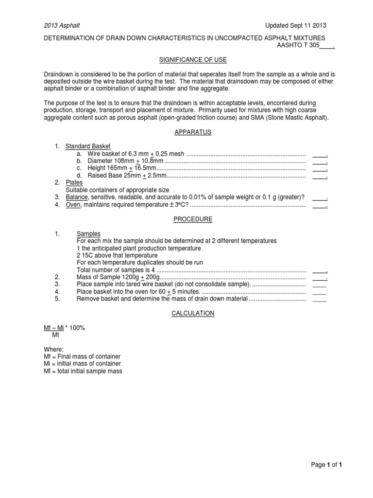 T 305-09 Drain Down Characteristics in Uncompacted Asphalt Mixtures ...