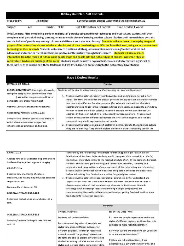 Cultural Self Portrait Unit Plan | PDF | Traditions | Portrait Painting