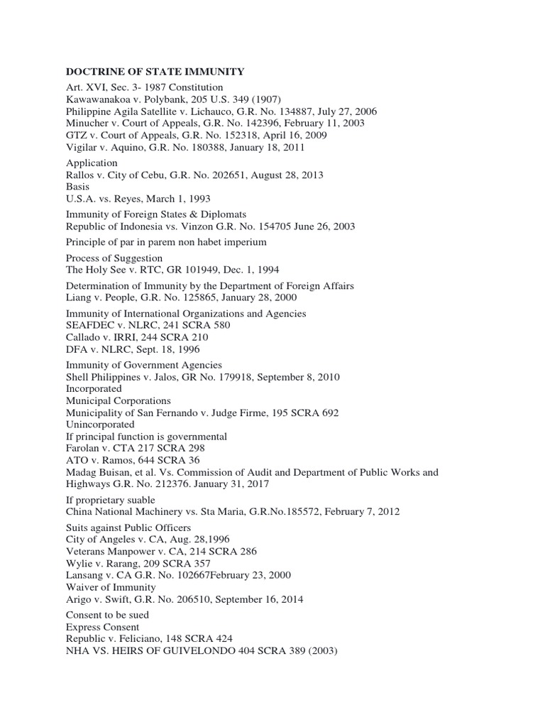 Doctrine of State Immunity Assigned Cases | PDF | Sovereign Immunity ...