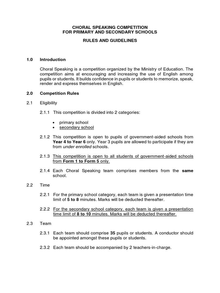 Rules and Regulations - Choral Speaking Competition | PDF | Singing | Choir